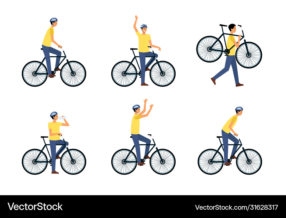 Set man riding or sitting on bicycle or Royalty Free Vector