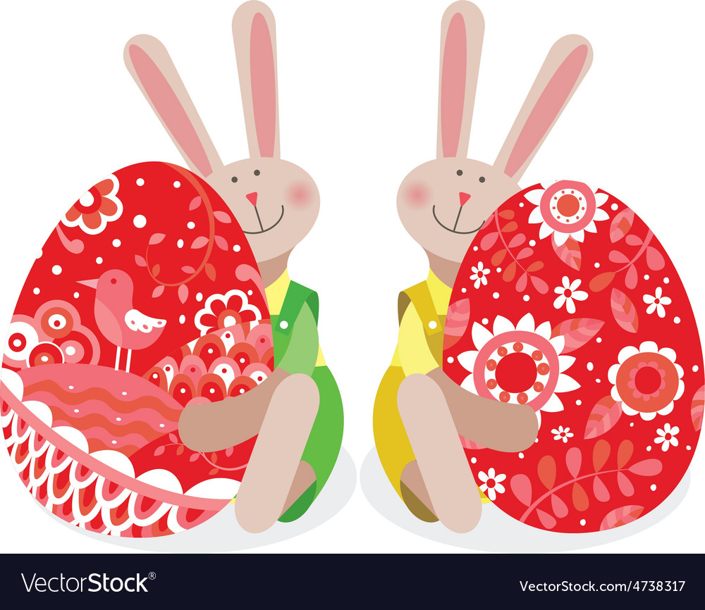 Two rabbits with easter eggs Royalty Free Vector Image