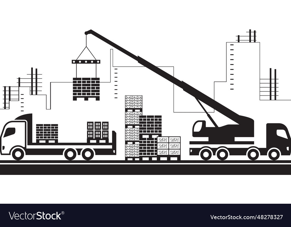 Crane unloads construction materials from truck Vector Image Crane unloads construction materials from truck Vector Image