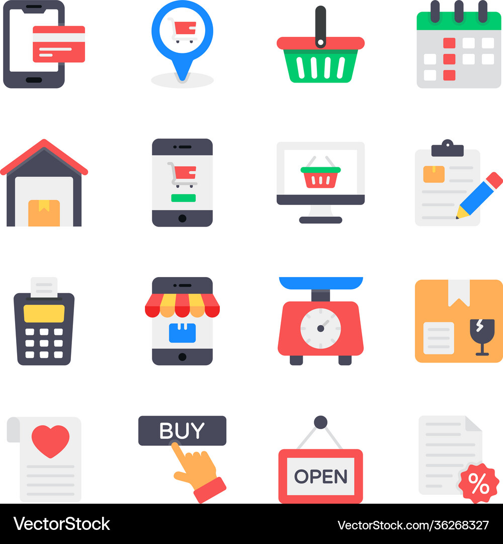 Online shopping and commerce flat icons set Vector Image