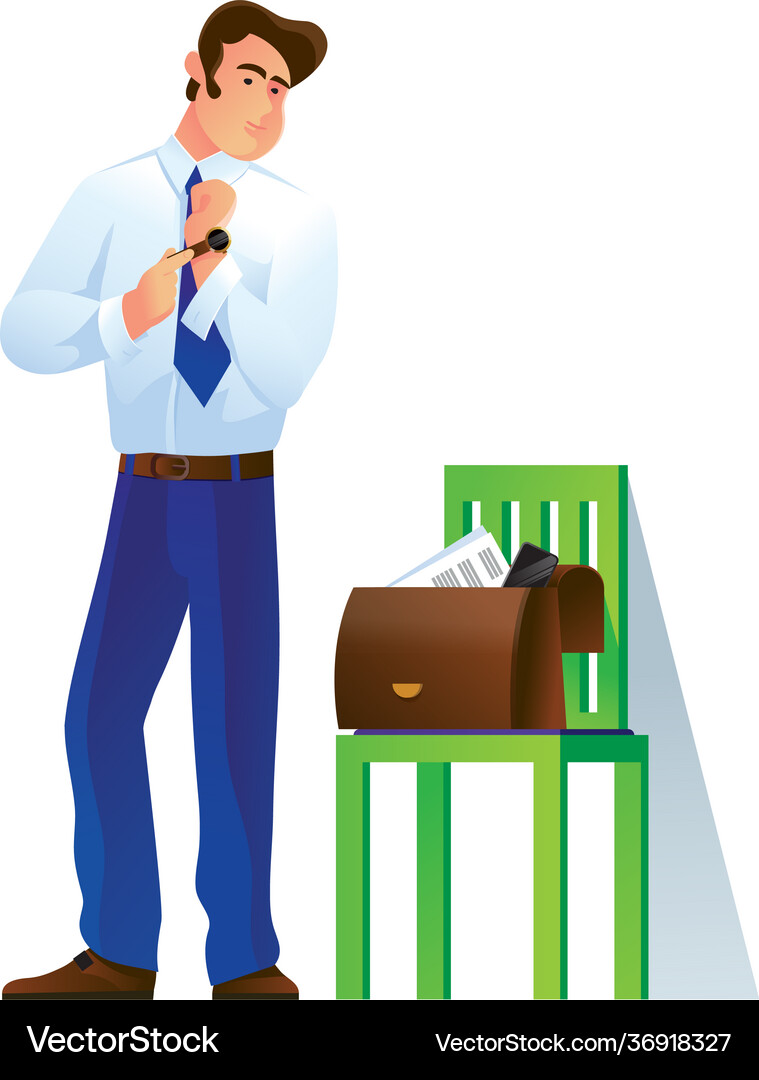 Young man going to work putting on business Vector Image