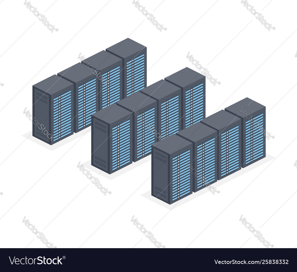 Isometric server room and big data processing Vector Image