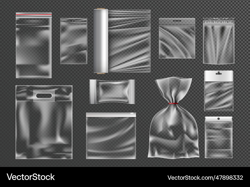 Plastic package bag set transparent mockup of Vector Image