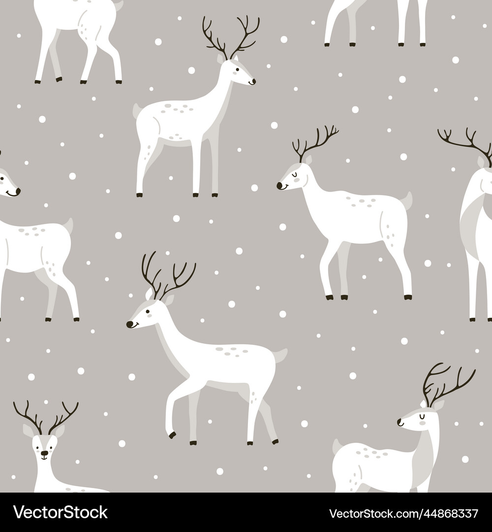 Hand-drawn winter white deer with snow on a gray Vector Image