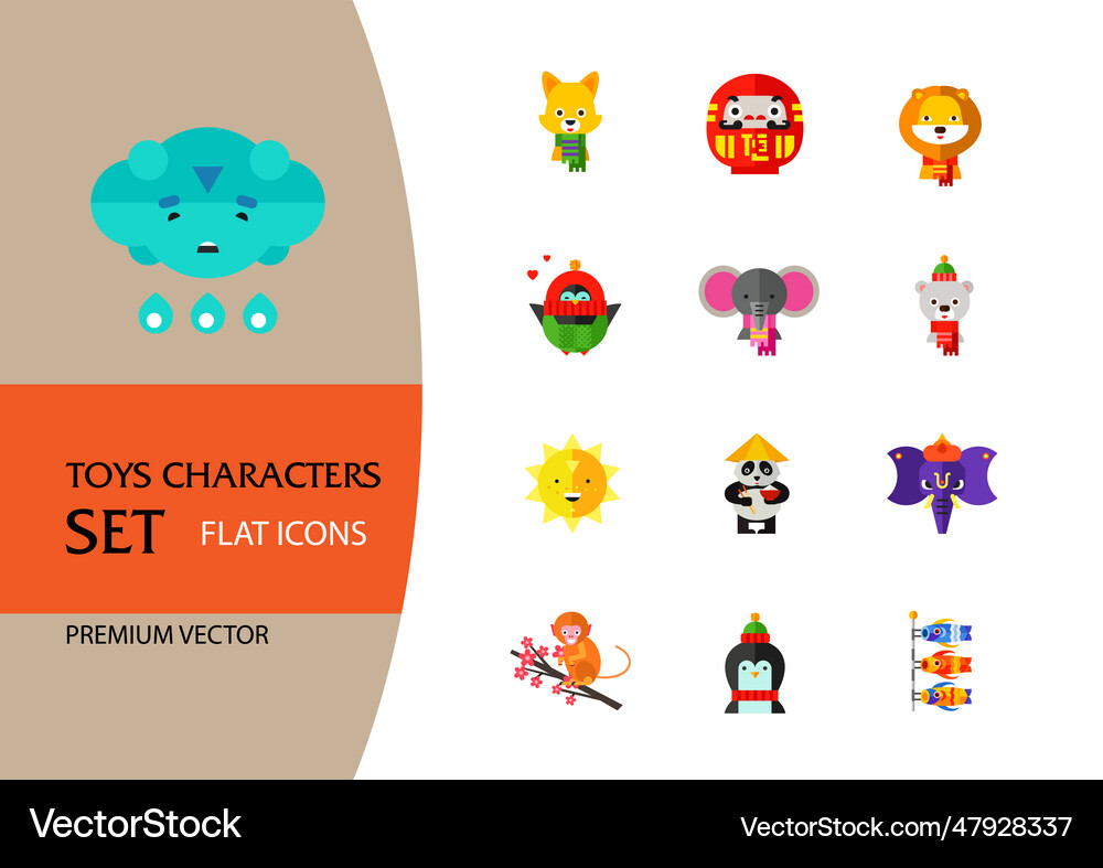 Toys characters icons set Royalty Free Vector Image