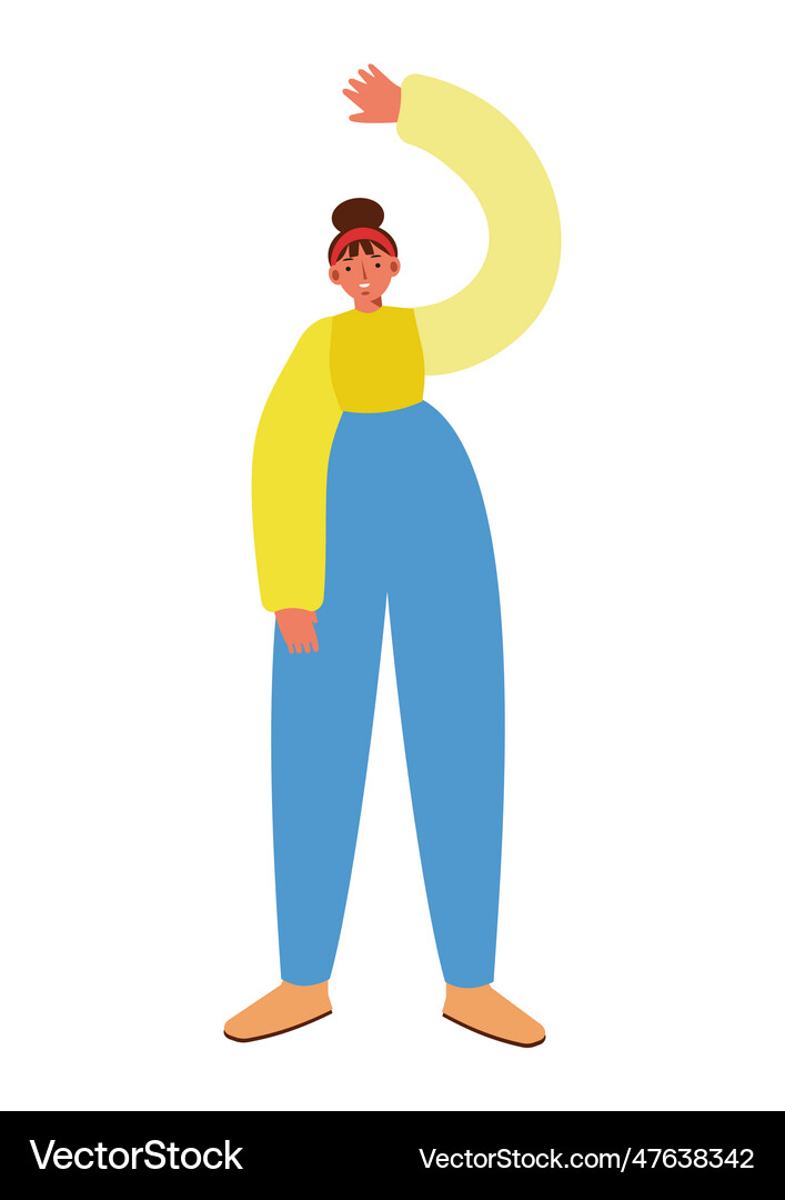 Woman greets by waving her hand standing pose Vector Image
