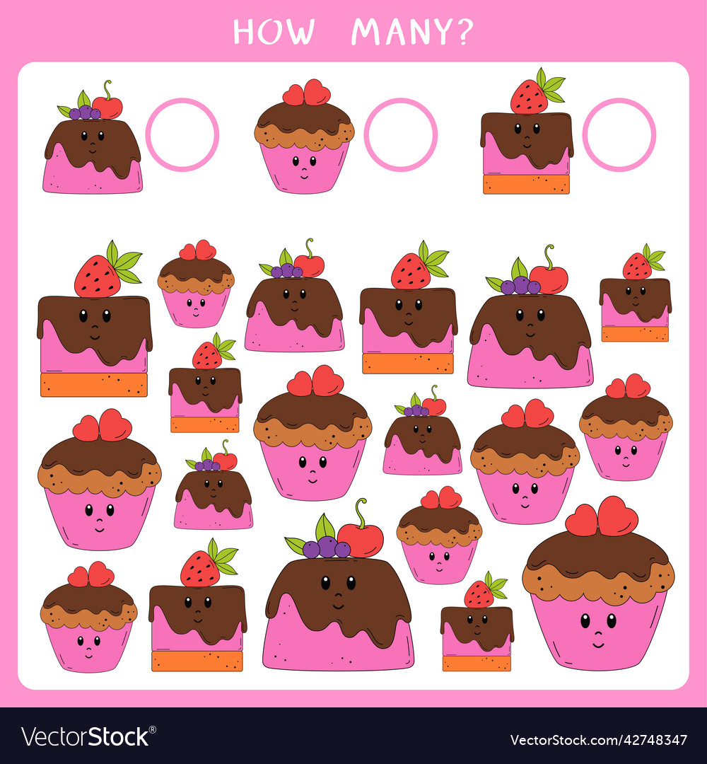 Count how many cupcakes and write the result Vector Image