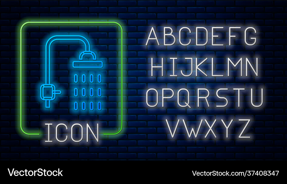 Glowing neon shower head with water drops flowing Vector Image