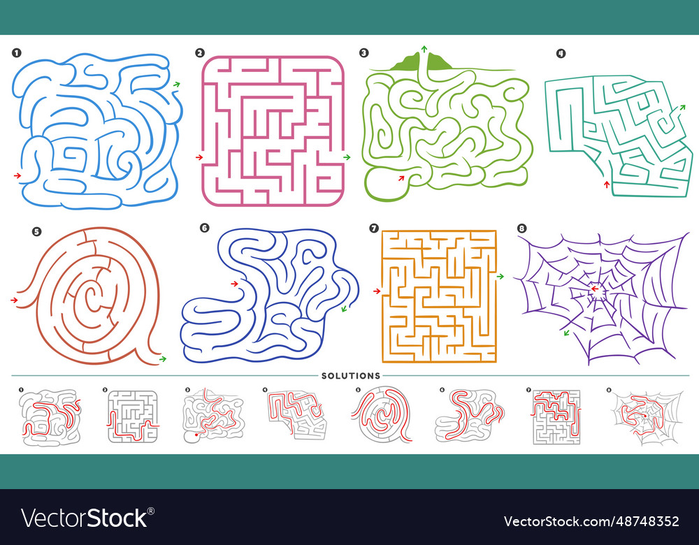 Maze puzzle activities graphs set with solutions Vector Image