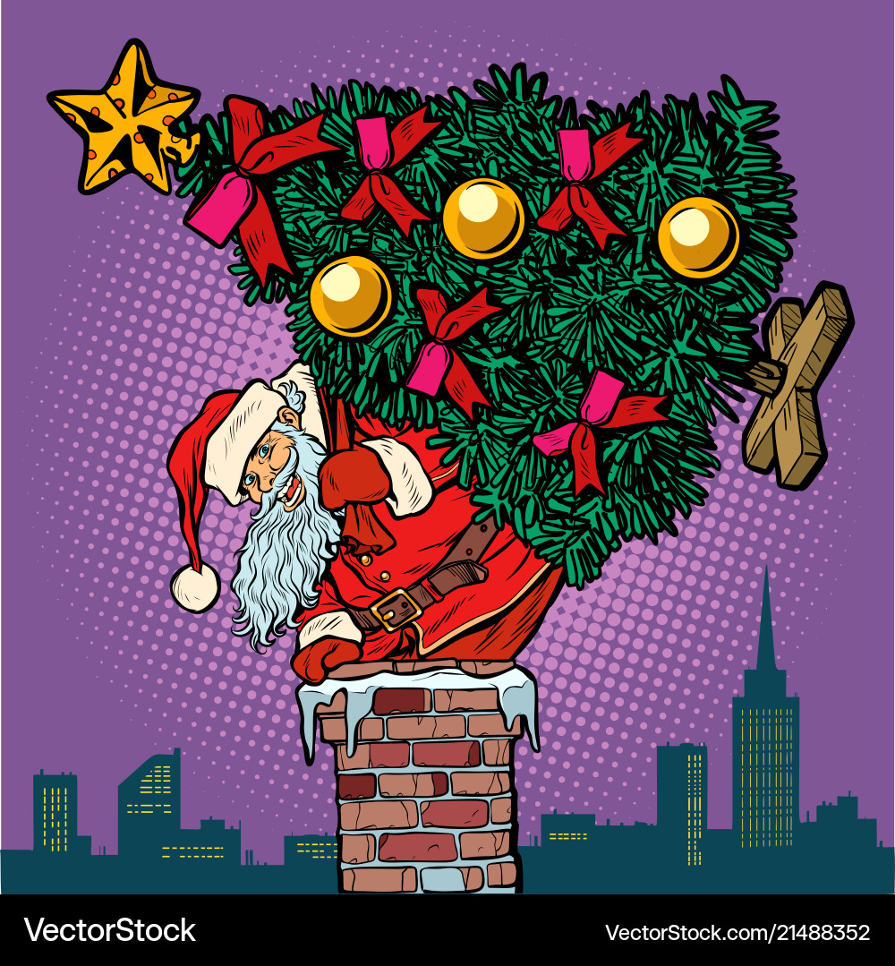 Santa claus with a christmas tree climbs Vector Image