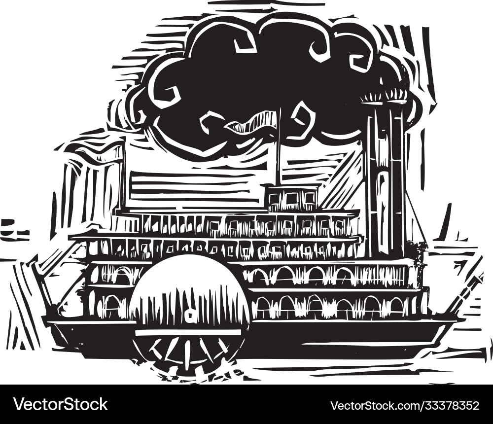 Woodcut side wheel steamboat Royalty Free Vector Image