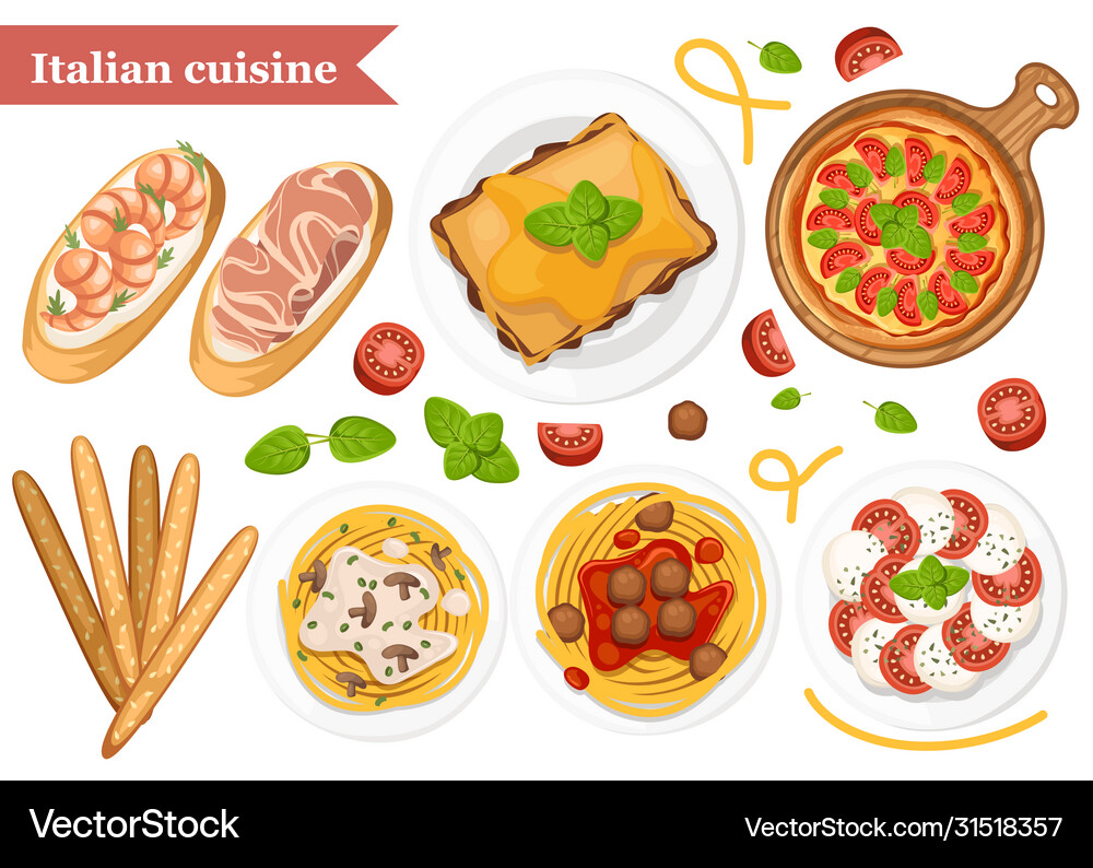 Italian cuisine pizza spaghetti risotto Royalty Free Vector