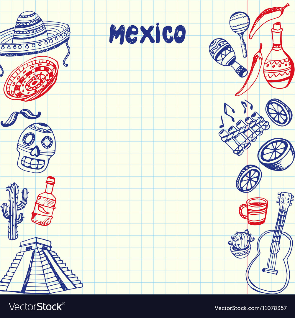 Mexico symbols pen drawn doodles collection Vector Image