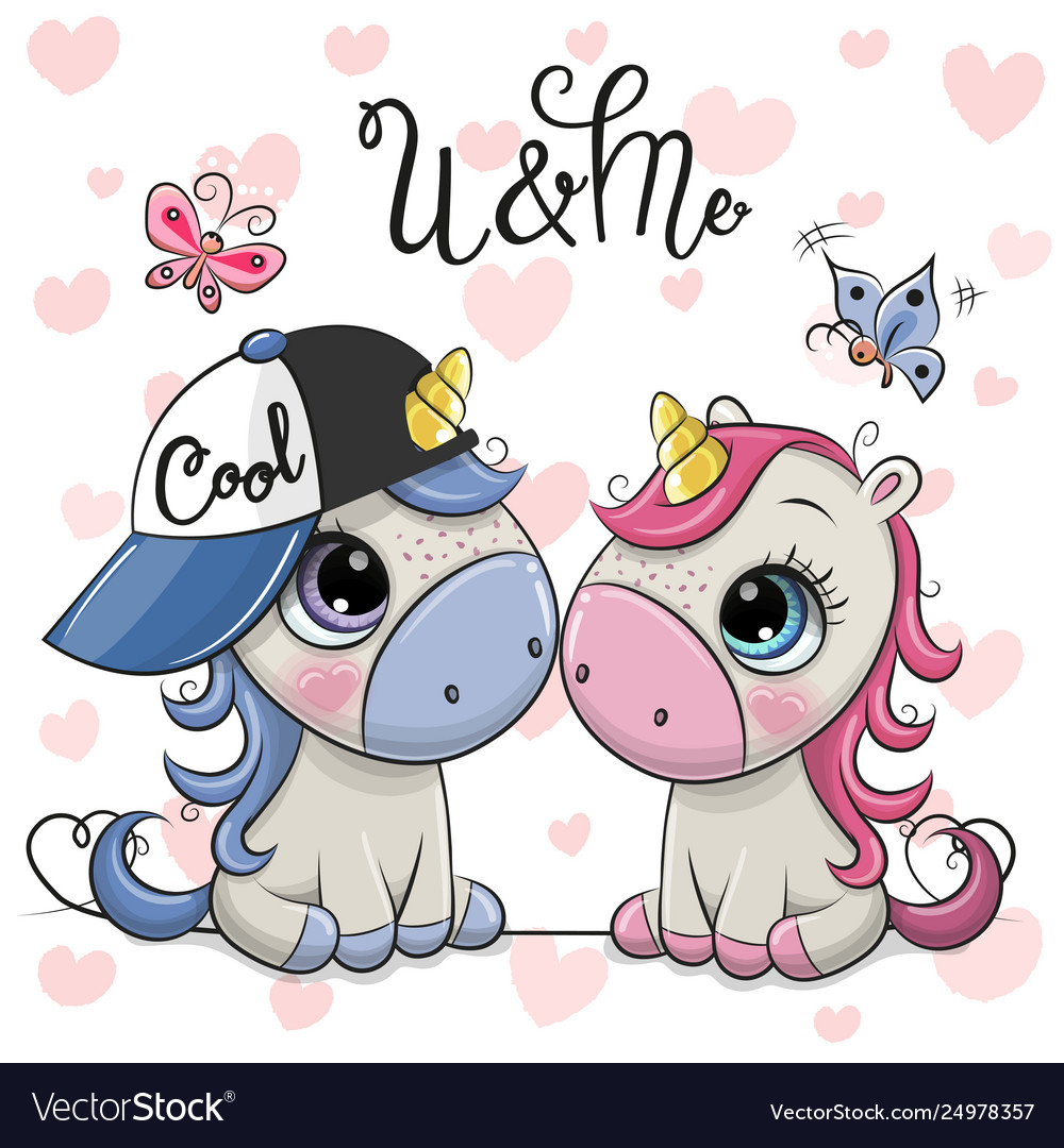 Two Cartoon Unicorns On A Hearts Background Vector Image