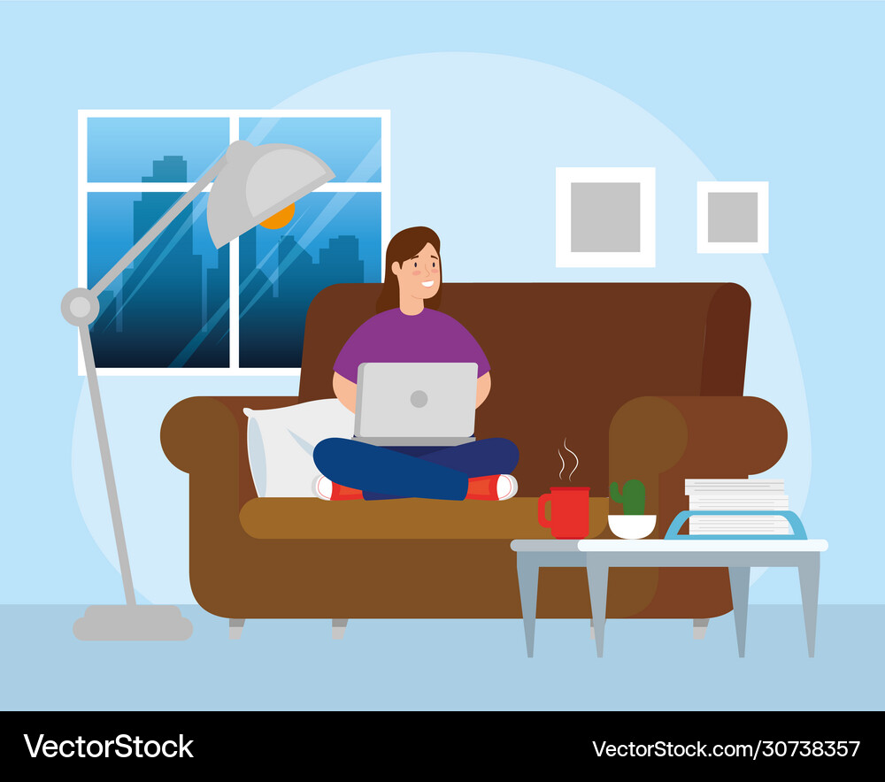 Woman working in telecommuting sitting couch Vector Image
