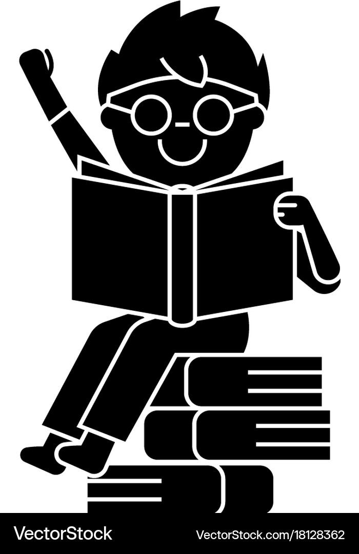 Boy reading book sitting on books icon Royalty Free Vector