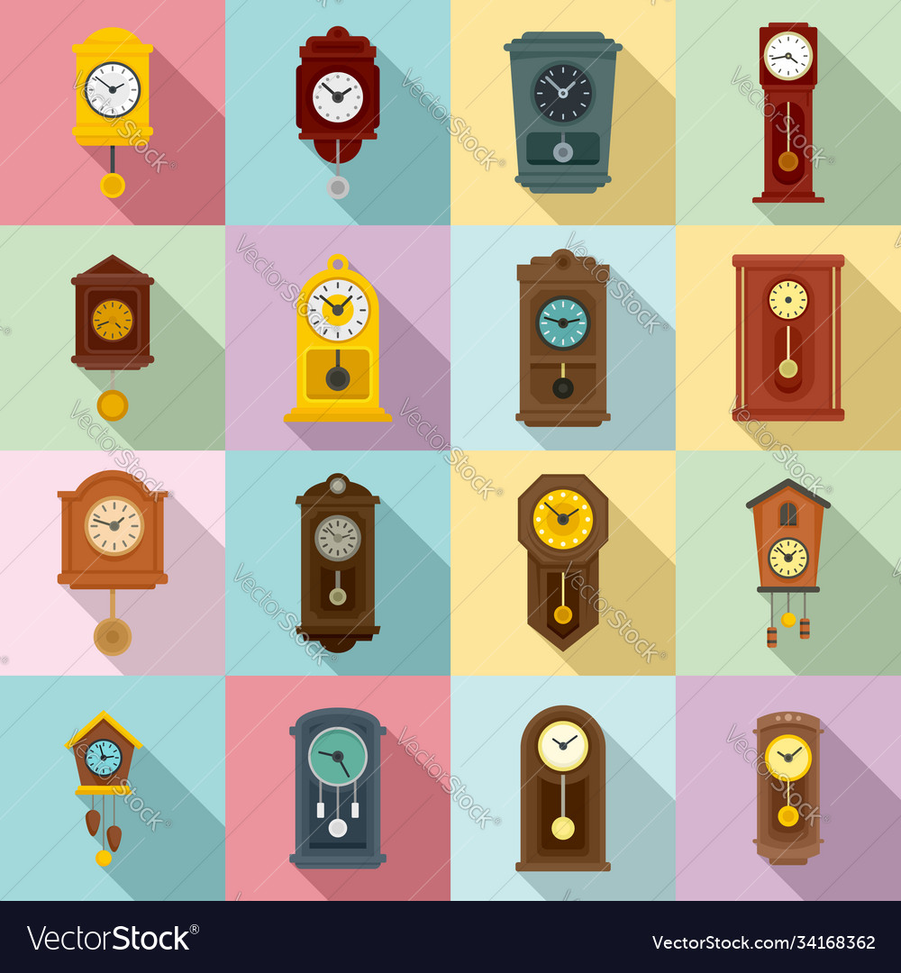 Pendulum clock icons set flat style Royalty Free Vector