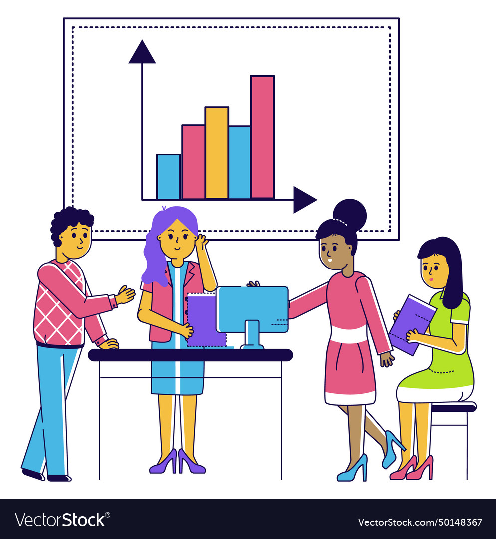 Diverse team discussing data with bar graph Vector Image