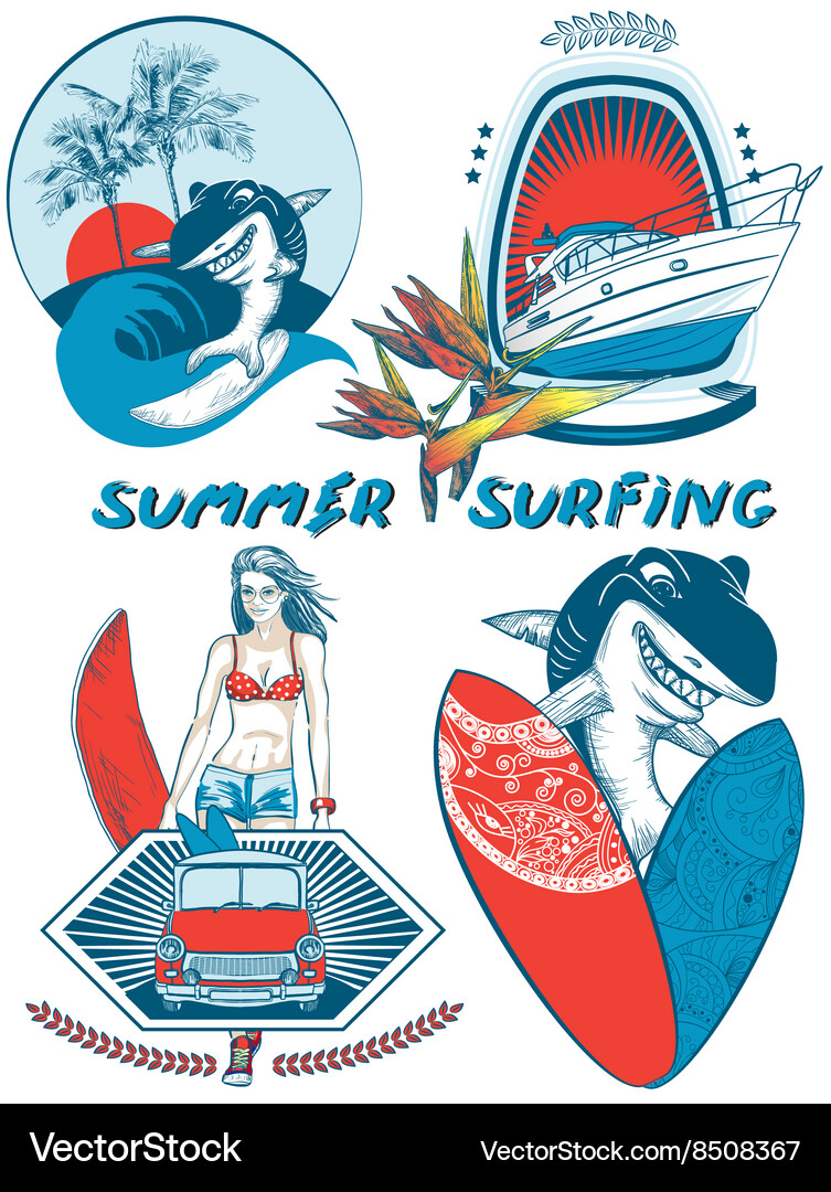 Retro summer surfing icon set Royalty Free Vector Image