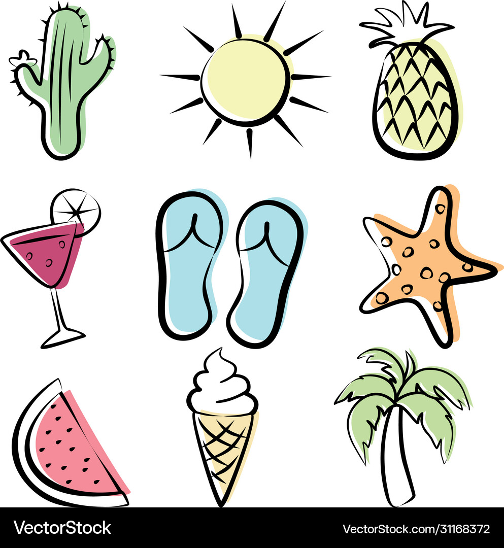 Bright summer outline isolated icons set Vector Image