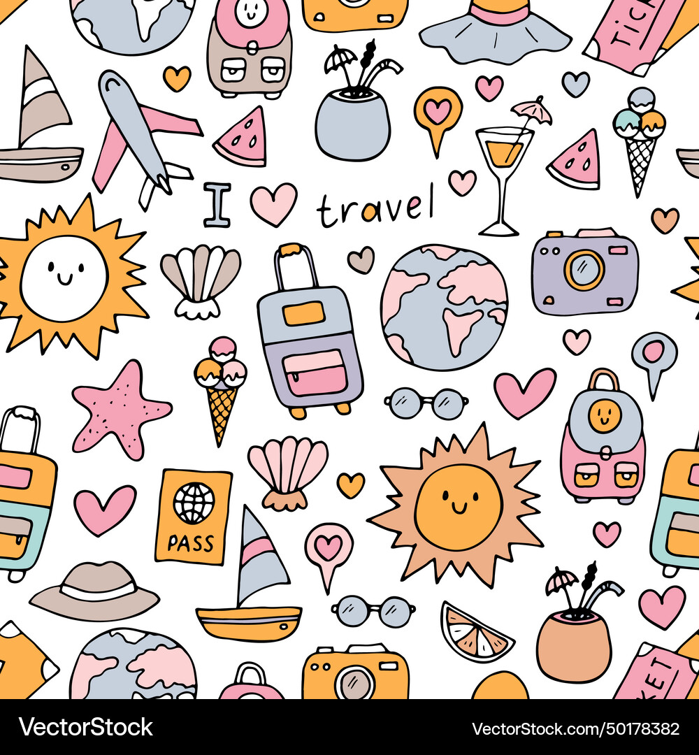 Hand drawn seamless pattern with travel icons Vector Image