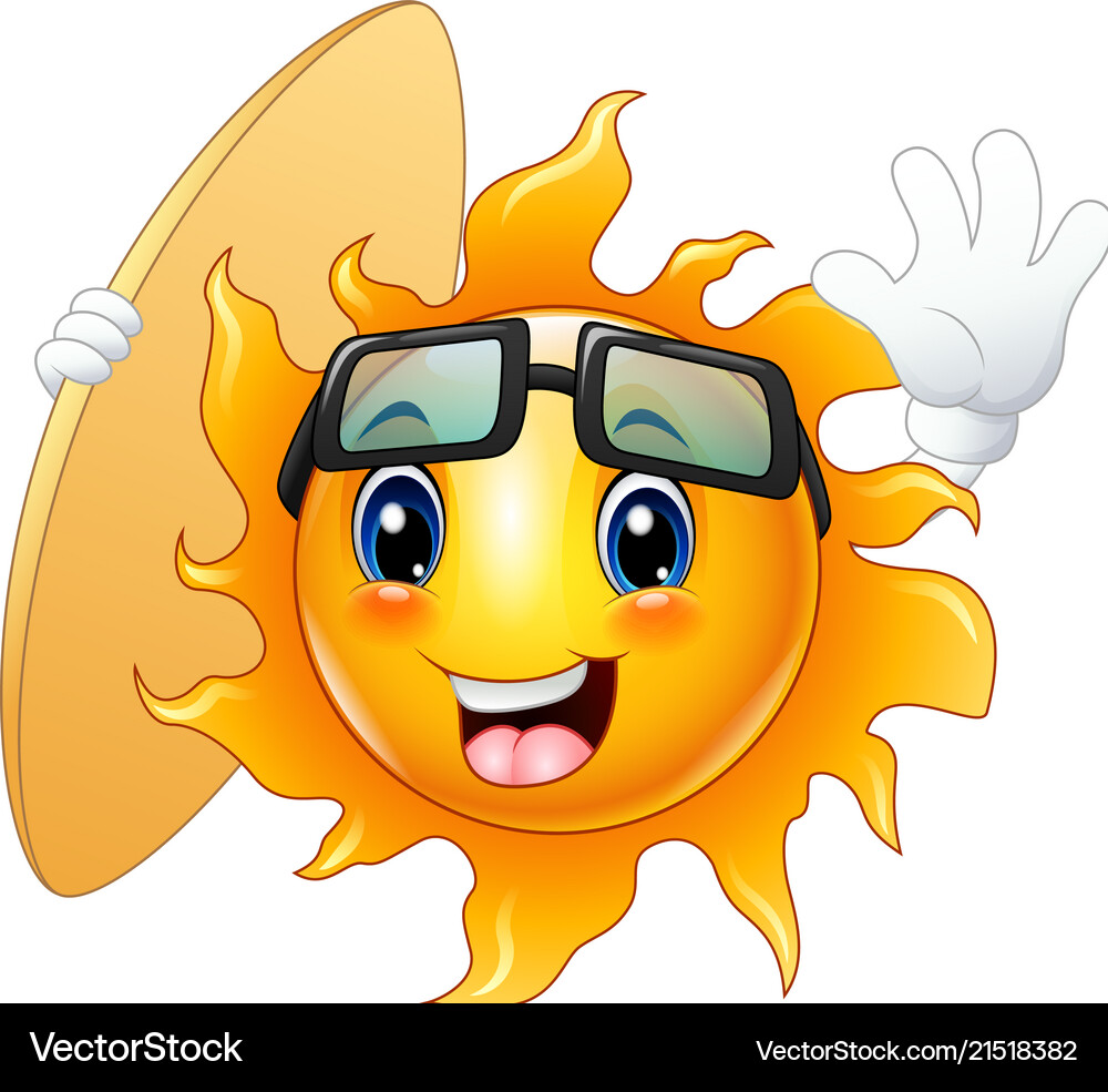Happy cartoon sun character with surfboard Vector Image