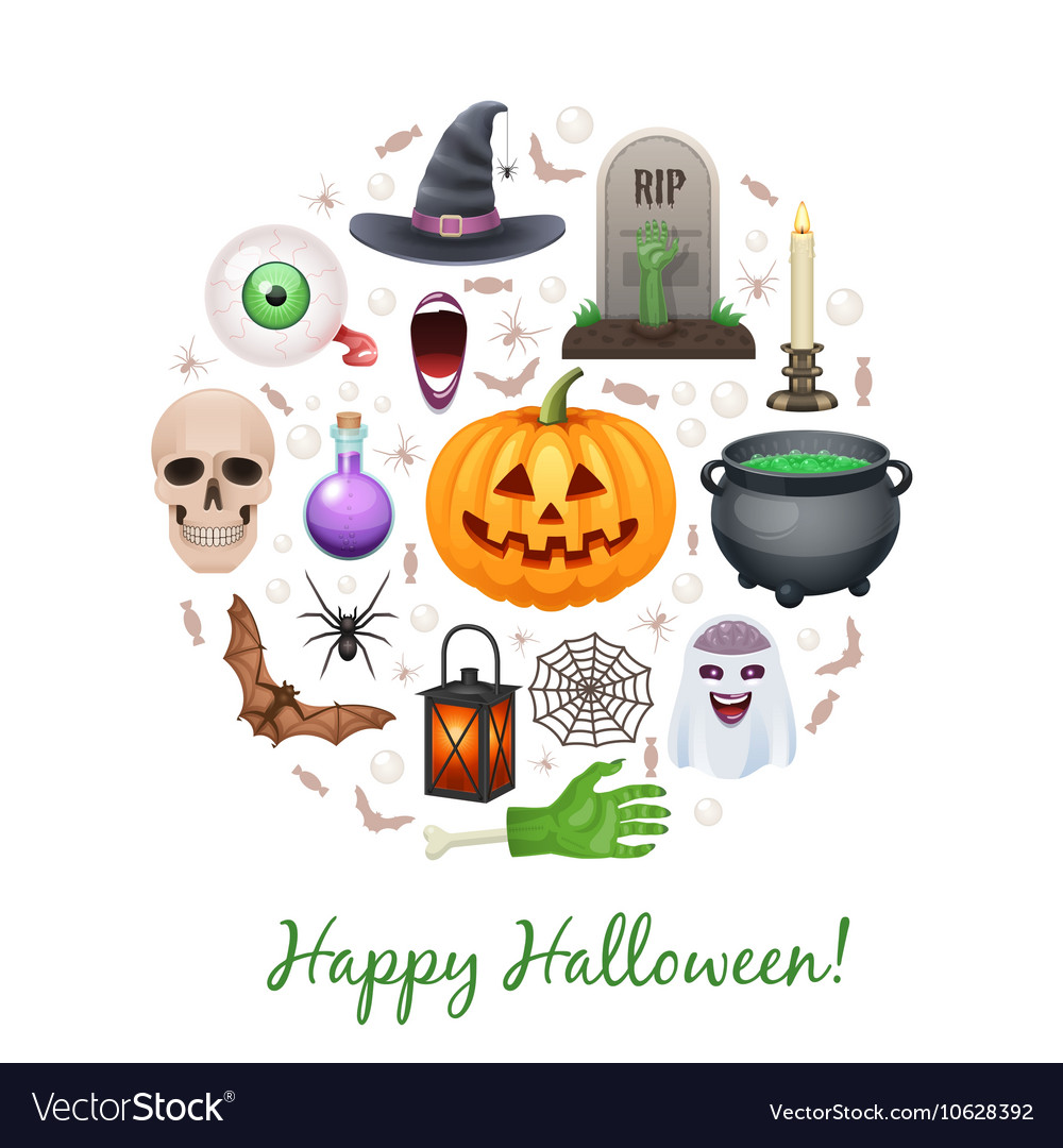 Happy halloween elements formed in circle Vector Image