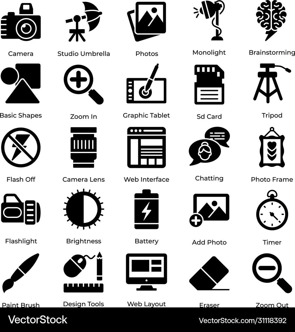 Pack photography glyph icons Royalty Free Vector Image