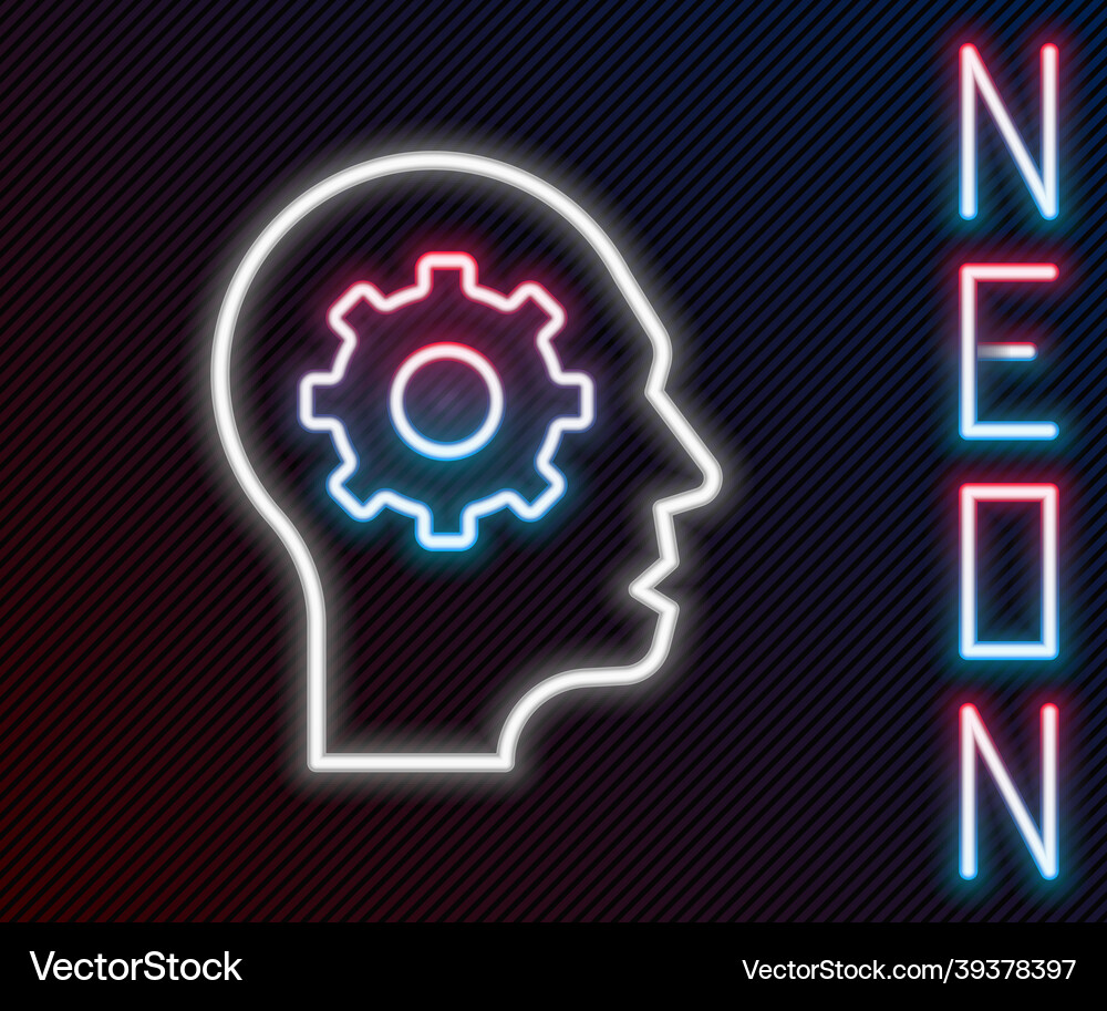 Glowing neon line human head with gear inside icon