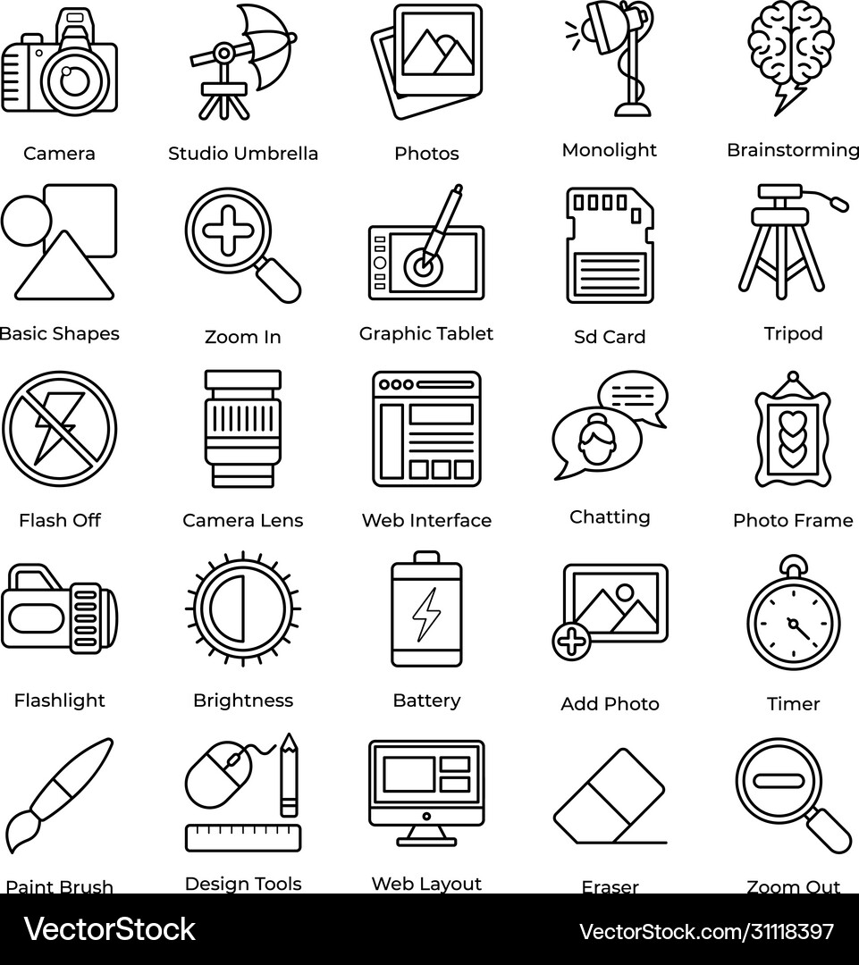 Pack photography line icons Royalty Free Vector Image