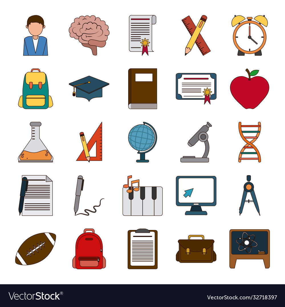 School education knowledge elements flat icons set