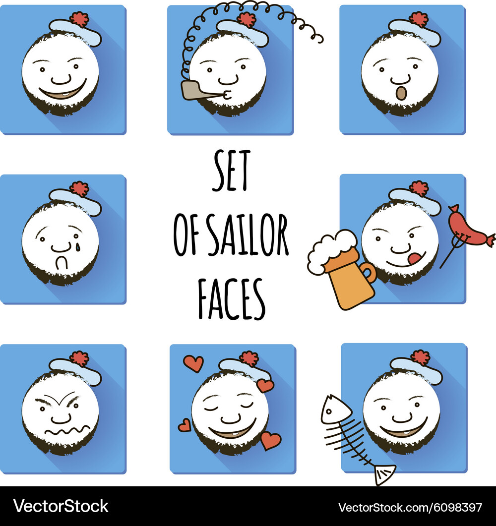 Set of sailor faces smiles fun Royalty Free Vector Image