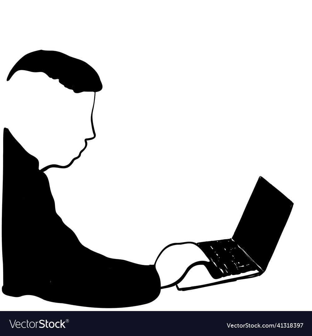Sketch of man with computer hand drawn Royalty Free Vector