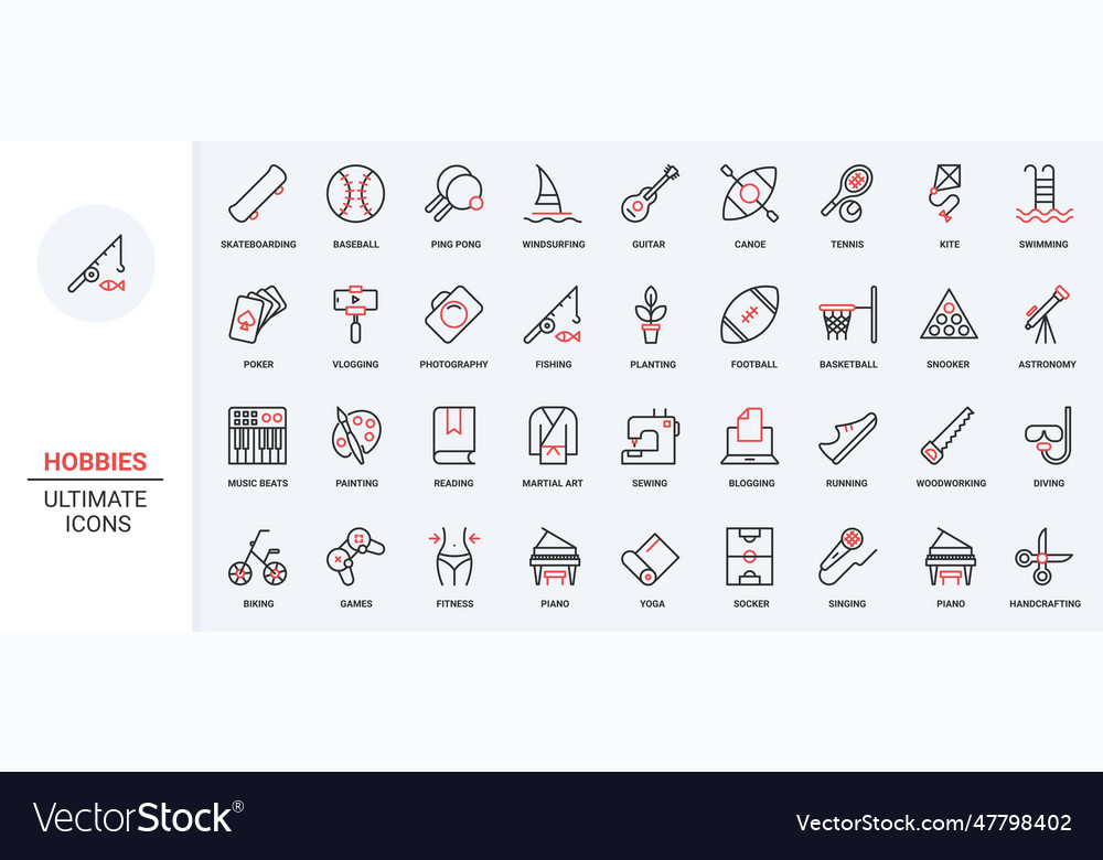 Hobby red black thin line icons set weekend Vector Image