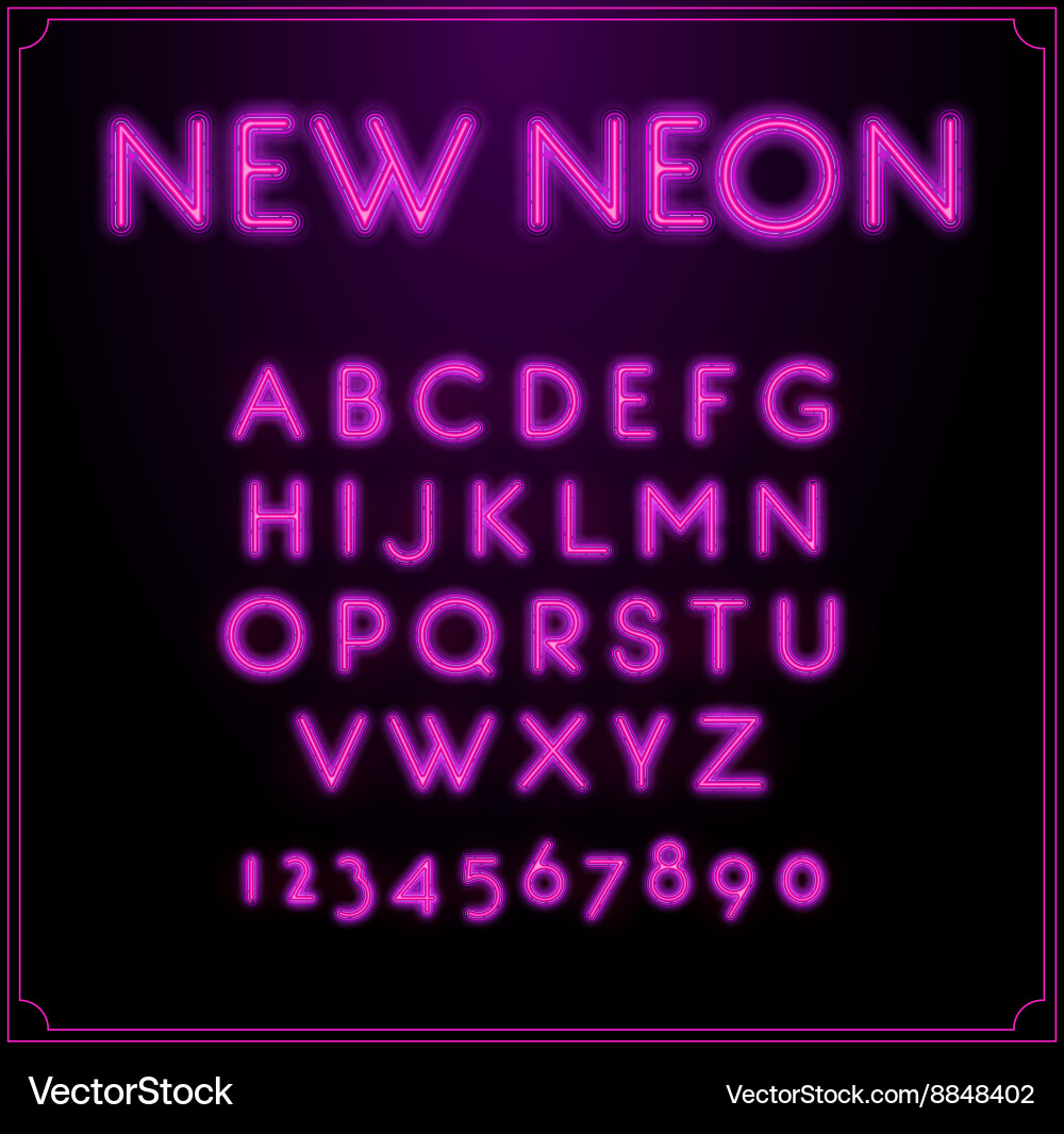 Neon font type alphabet glowing in with numbers Vector Image