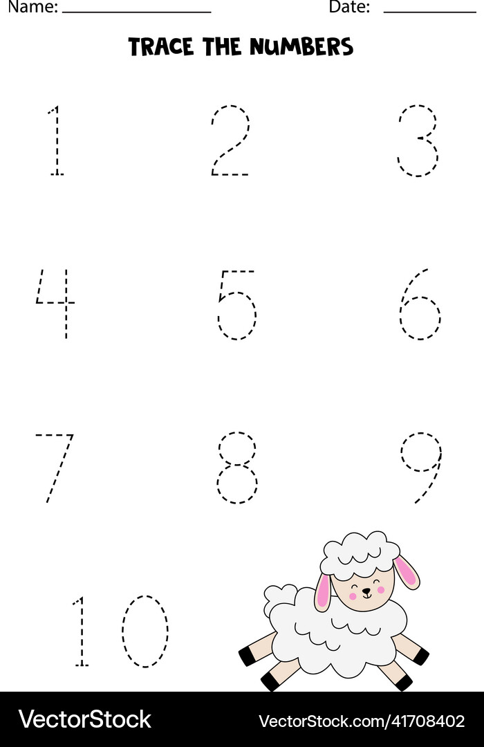 Numbers 1-10 with Cute Sheep - Tracing Worksheet Vector Image