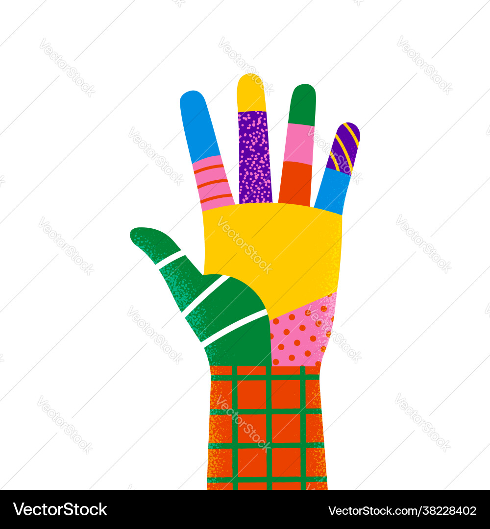 One colorful diverse hand raised isolated concept Vector Image
