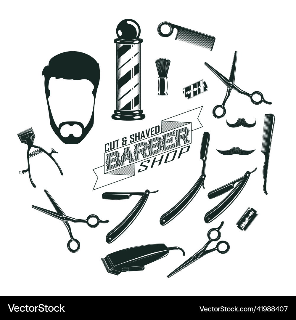 Monochrome vintage barber shop elements concept Vector Image