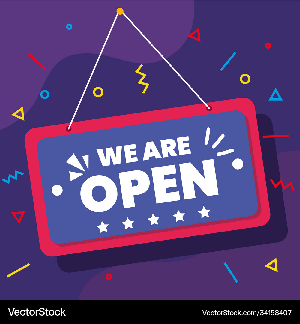 We are open label hanging on purple background Vector Image