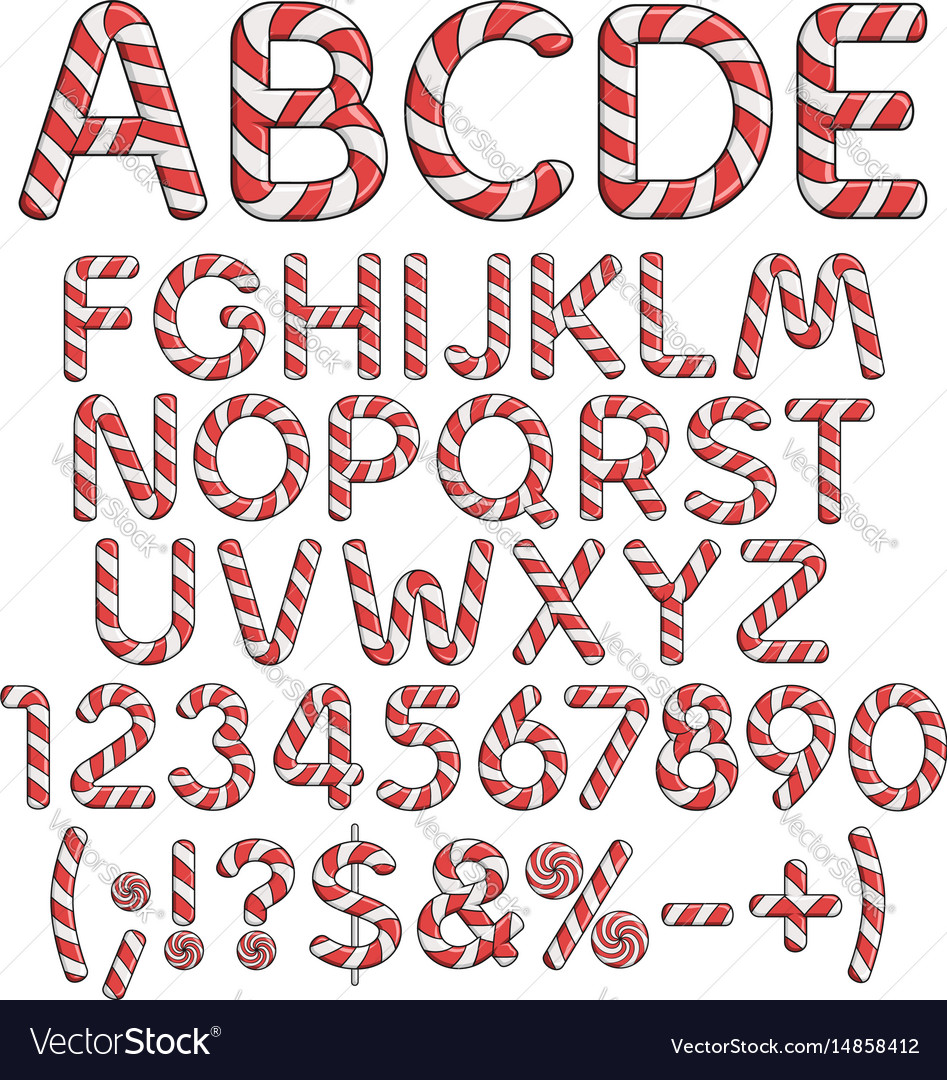 Alphabet numbers and signs from red candies Vector Image