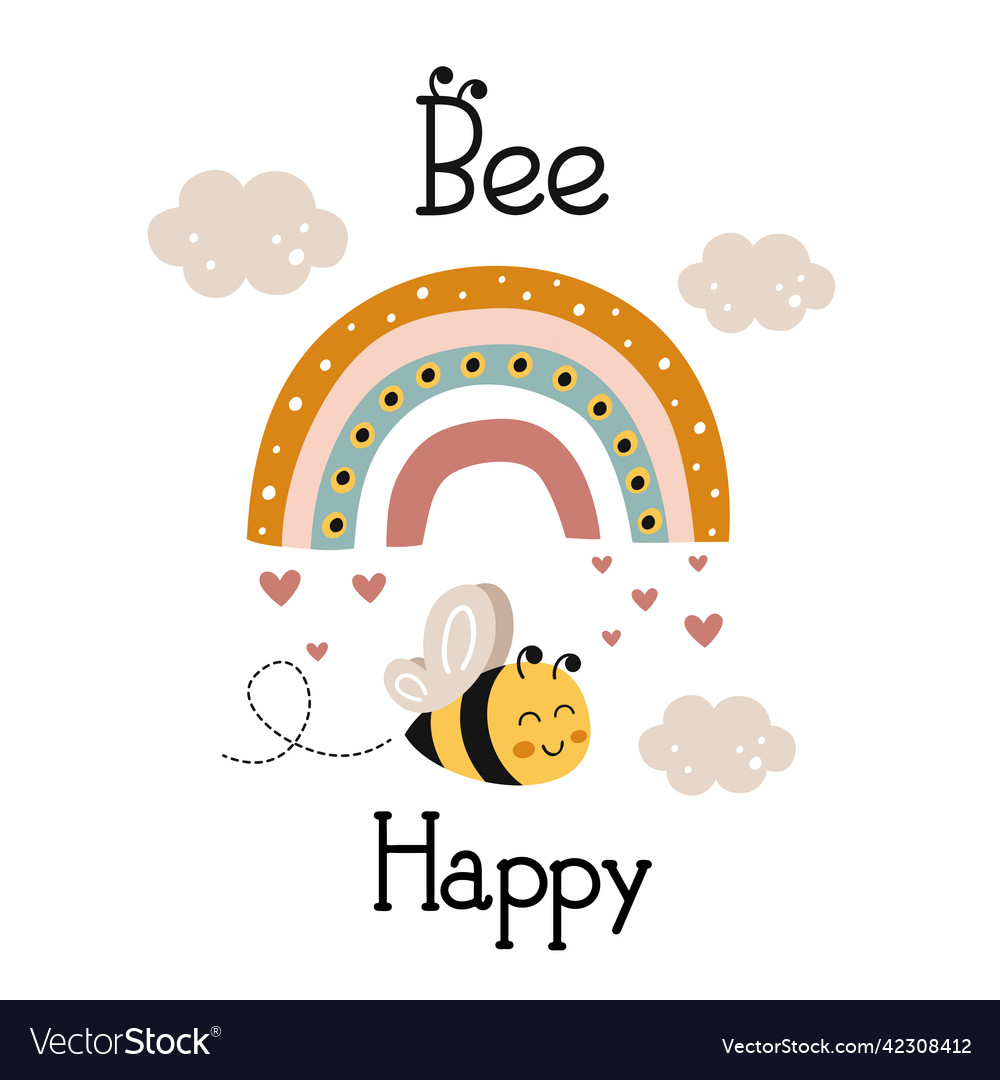 Poster with cute happy bee and rainbow Royalty Free Vector