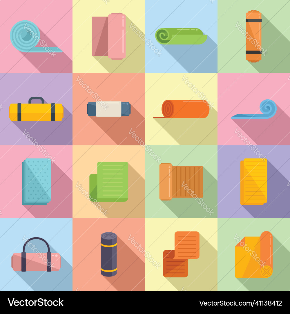 Yoga mat icons set flat carpet roll Royalty Free Vector