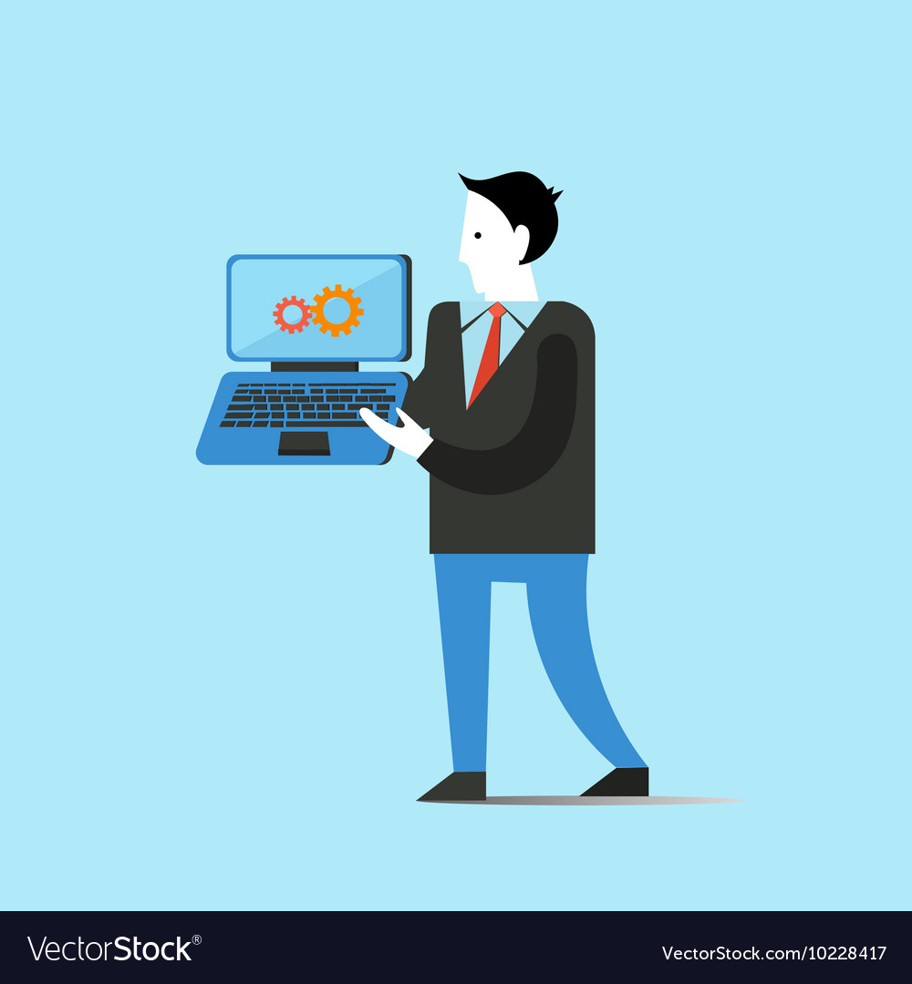 Business man holds laptop concept Royalty Free Vector Image