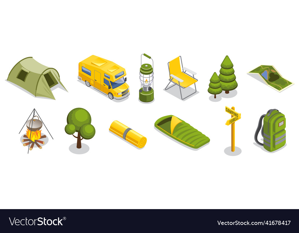 Isometric camping elements set Royalty Free Vector Image