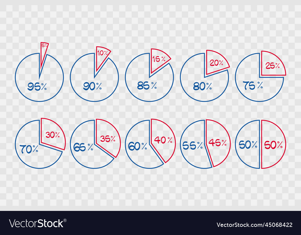 5 to 95 percent pie charts isolated Royalty Free Vector