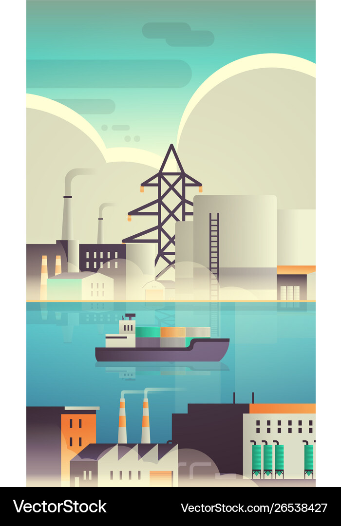 Cargo container ship in sea over factory building Vector Image
