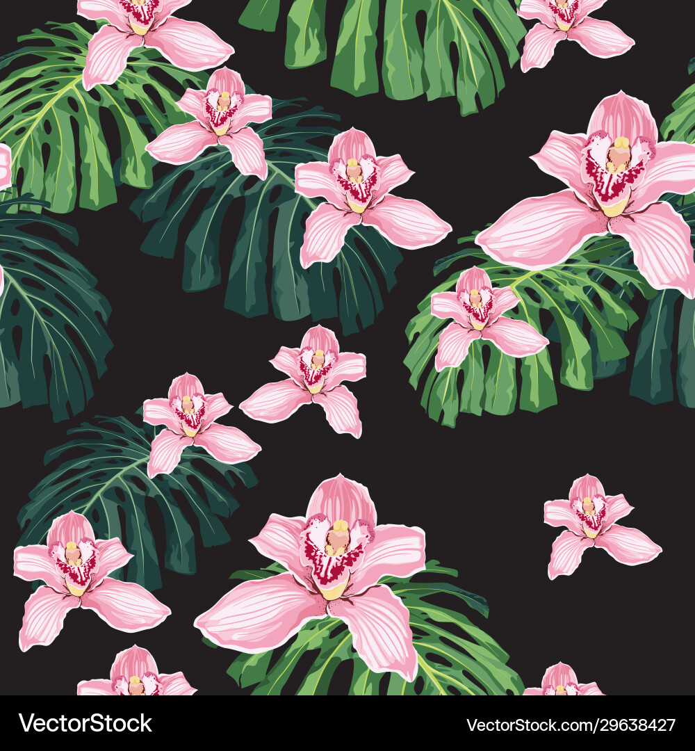 Pattern pink orchid flower and tropical leaves Vector Image
