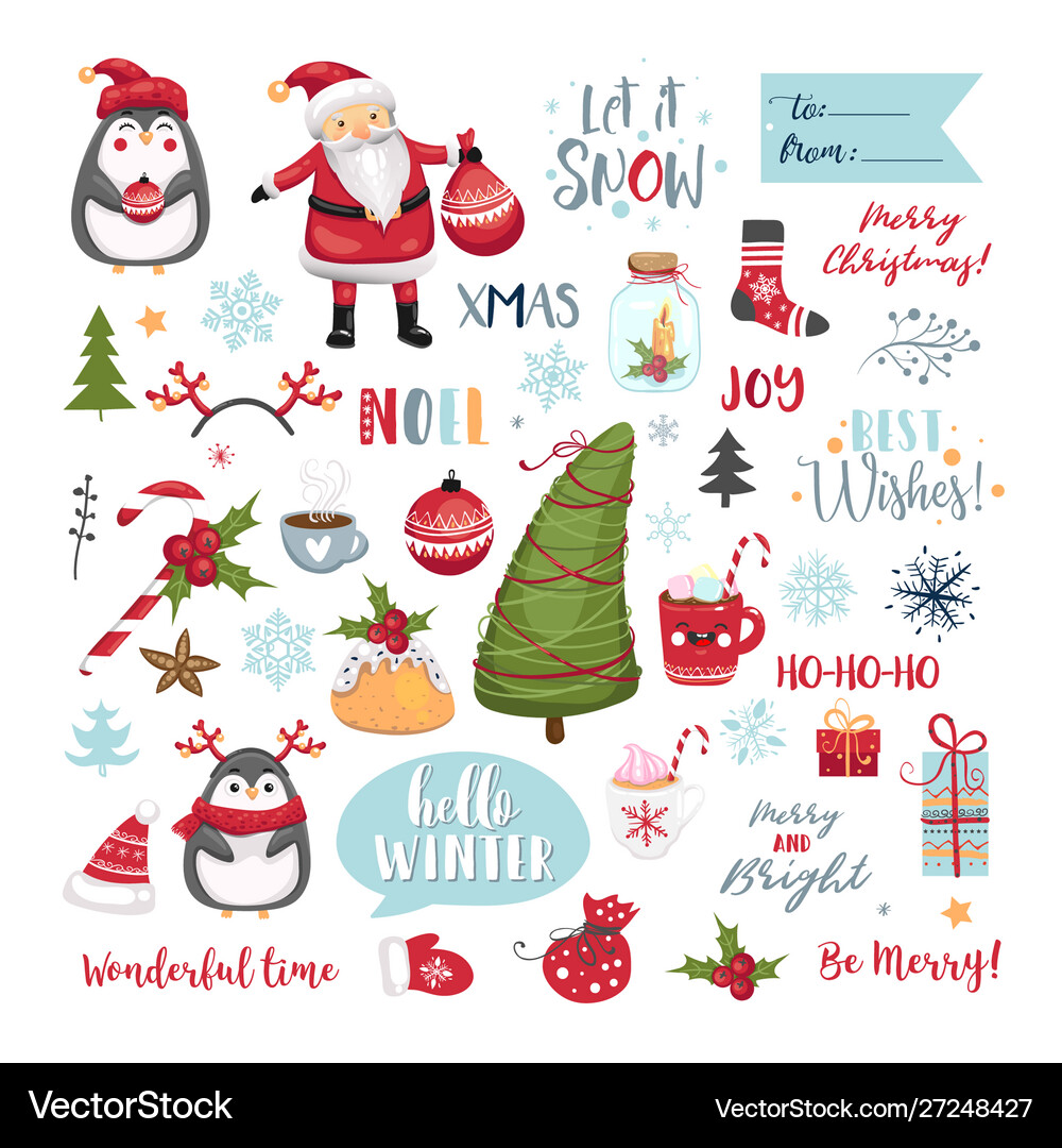 Set christmas elements snowflakes santa claus Vector Image