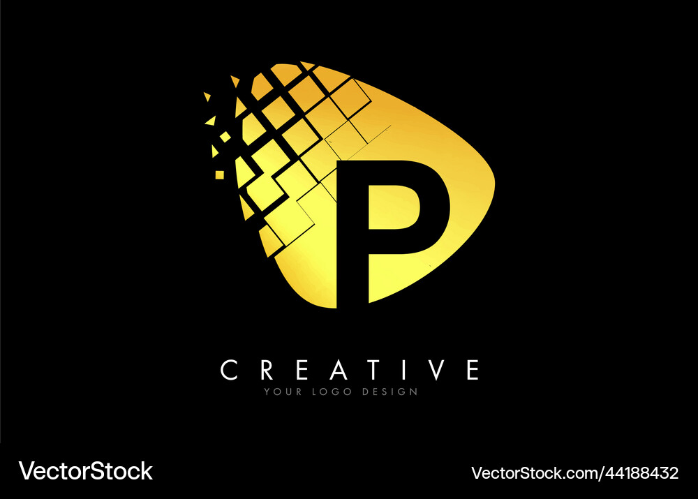 Letter p design with golden shattered blocks Vector Image