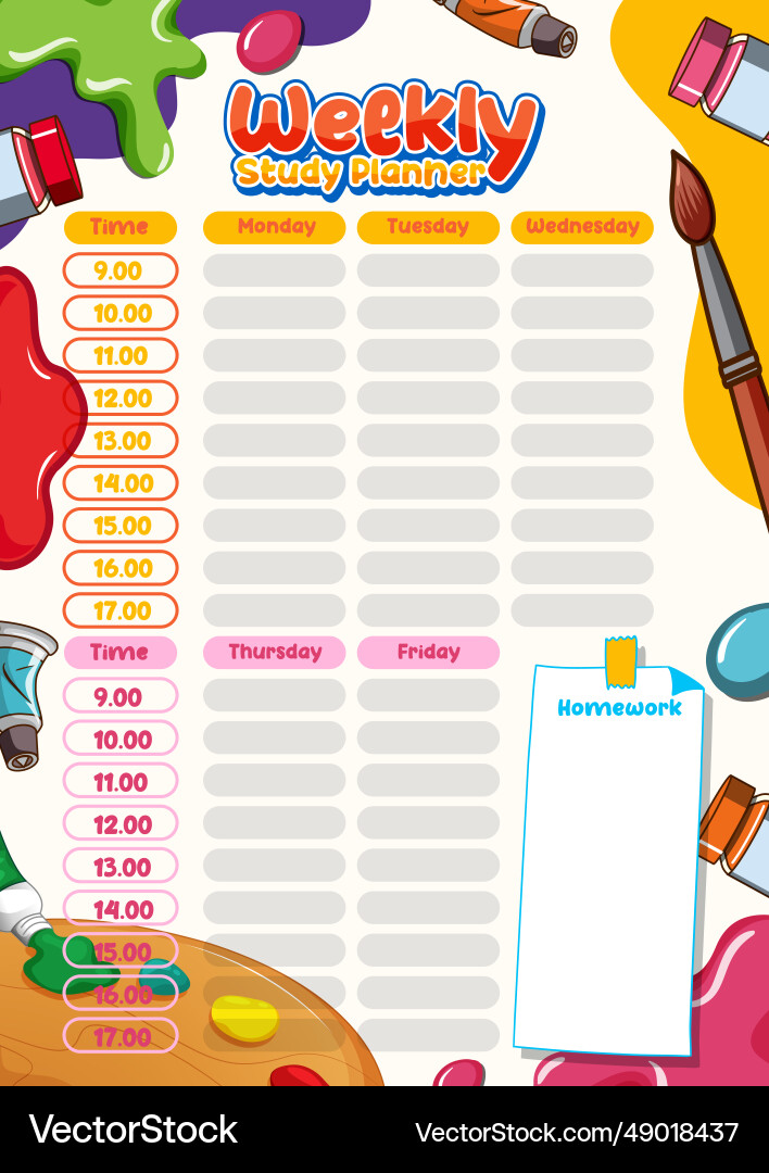 Colourful art theme weekly lesson plan with note Vector Image